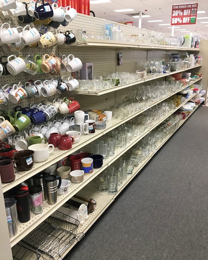 Mugs with personality and glassware with history line these shelves. Someone's "World's Best Grandpa" cup could become your favorite coffee vessel.