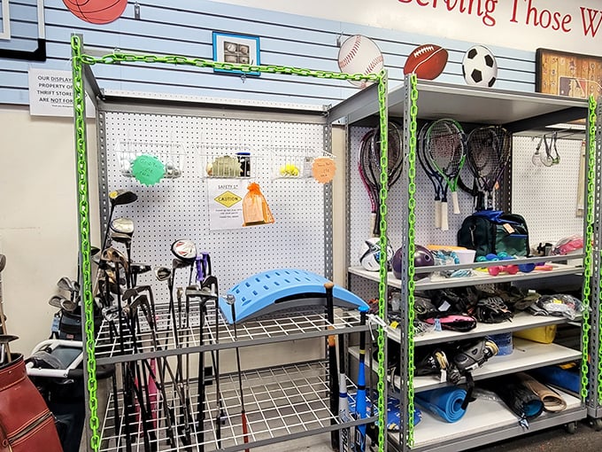 Golf clubs lean like expectant dance partners, while tennis rackets wait for their second act on courts across Virginia Beach.