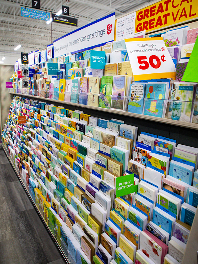 Greeting card nirvana where 50-cent sentiments prove that heartfelt messages don't need designer price tags to deliver genuine feelings.