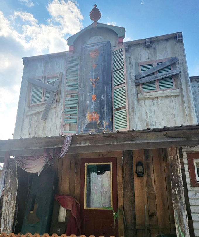 This weathered building with peeling paint and boarded windows isn't abandoned &ndash; it's atmospheric set design with Civil War flair.