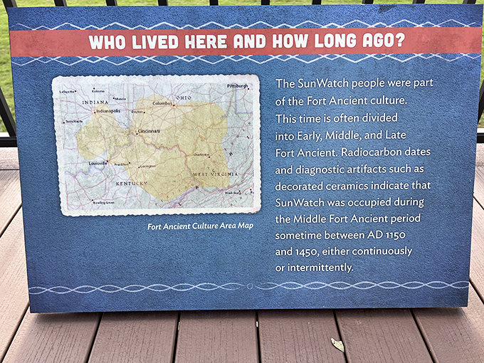 History lesson without the boring textbook. This informative display reveals that SunWatch was occupied between 1150 and 1450 AD&mdash;making my house seem like a newborn.