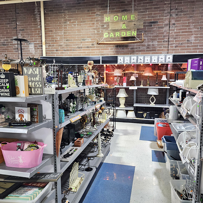 The Home & Garden section: where "Keep Calm and Drink Wine" signs mingle with lamps that survived the great 1990s decorating room.