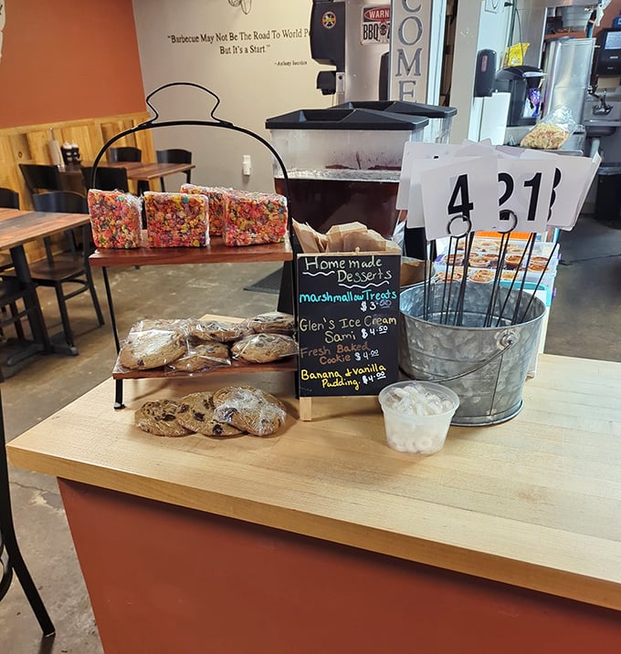 Dessert station that would make your grandmother proud. Those colorful Rice Krispie treats and homemade cookies are calling your name like a sweet siren song.