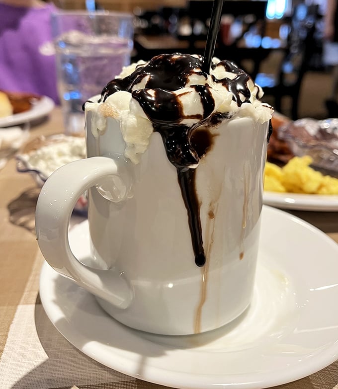 Hot chocolate that doesn't know the meaning of moderation. That whipped cream mountain with chocolate waterfall would make Willy Wonka himself jealous.