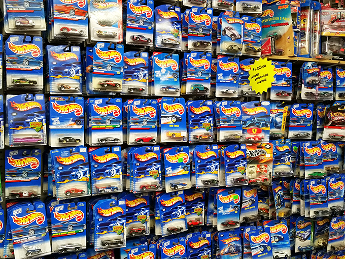 Hot Wheels heaven for collectors young and old. This wall of miniature automotive dreams proves that sometimes the smallest cars create the biggest smiles.
