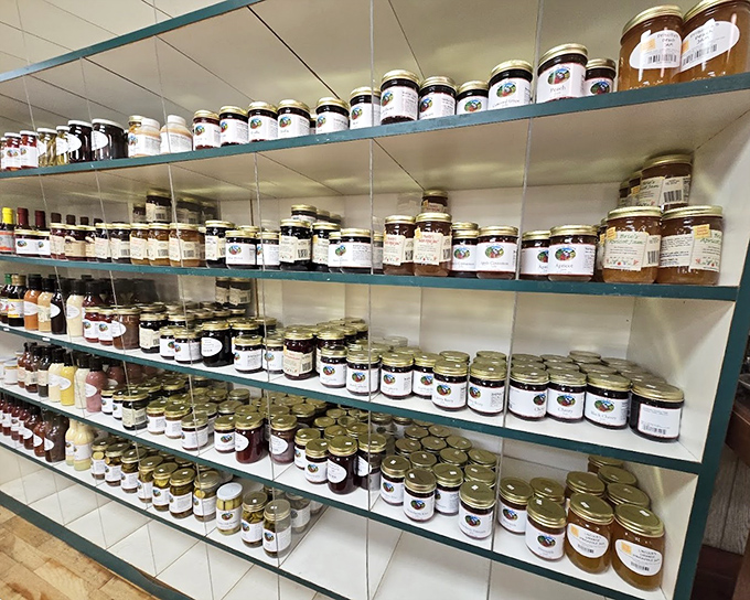 Shelves of homemade preserves creating a rainbow of flavors that would make your grandmother weep with envy.