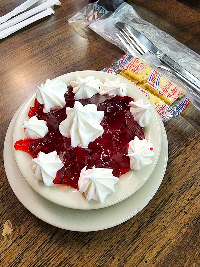 Jello elevated to art form status with perfectly piped whipped cream&mdash;dessert masquerading as breakfast and nobody's complaining.