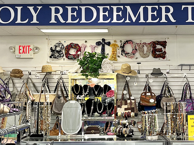 The accessories corner sparkles with potential, where yesterday's fashion statements wait for tomorrow's style mavens.