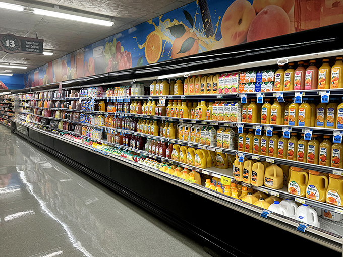 The juice aisle: where liquid sunshine comes in bottles and your daily fruit servings can be accomplished before noon.