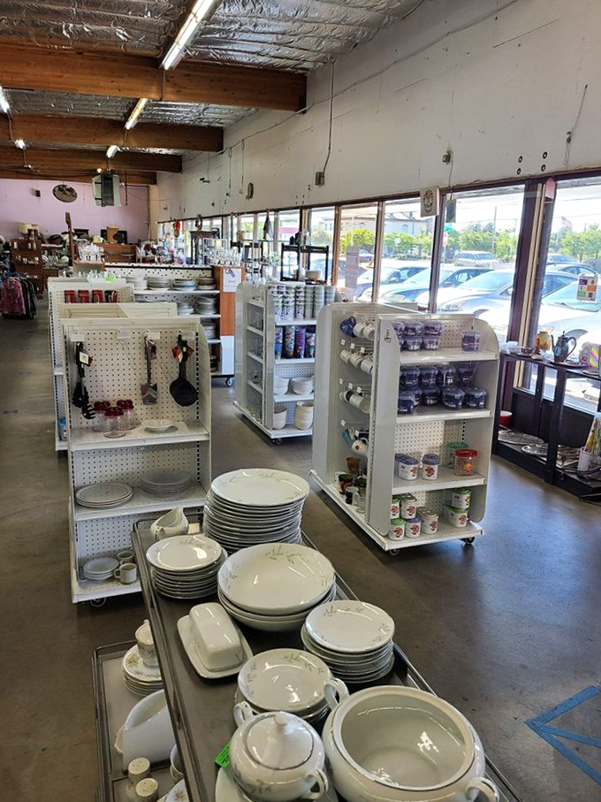 White dishes stacked like porcelain towers alongside practical kitchenware&mdash;the makings of countless future family dinners waiting to find new homes.