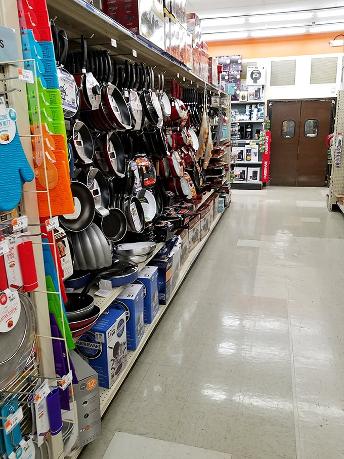 The kitchenware section stands ready to outfit aspiring chefs and microwave maestros alike &ndash; pans in every size for culinary adventures large and small.