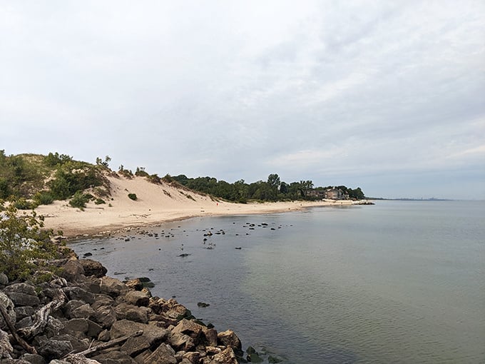 The gentle curve of shoreline creates a perfect crescent of tranquility, where the lake whispers secrets to the sand.