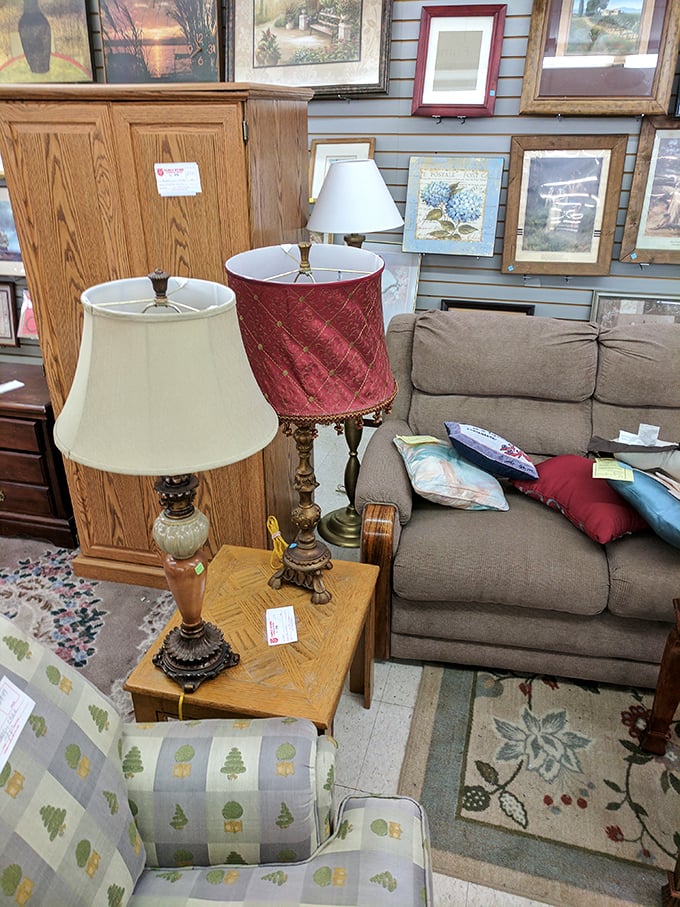 Vintage lamps and furniture pieces create cozy vignettes that could transform any house into a warm, welcoming home.