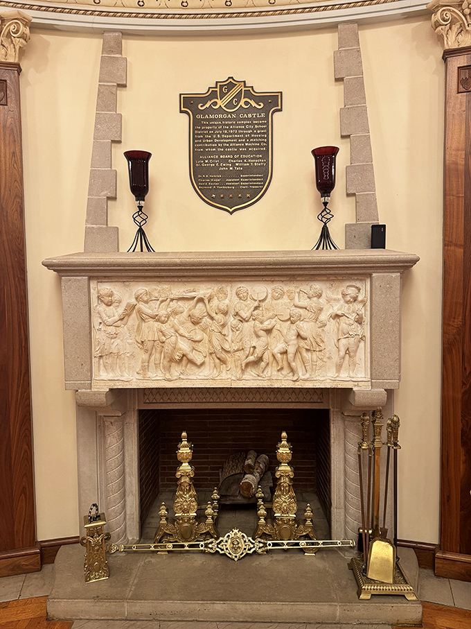 Not your average fireplace. This carved stone masterpiece has probably never known the indignity of roasting a marshmallow.