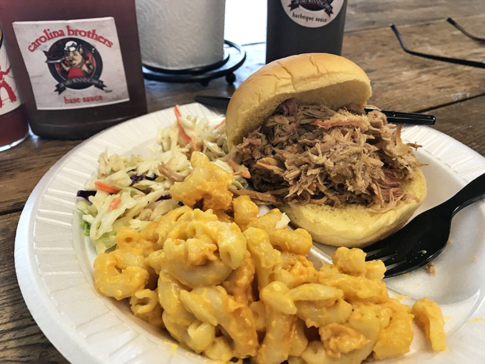 The pulled pork sandwich with mac and cheese and slaw&mdash;a trio so perfect together they should form a band and go on tour.