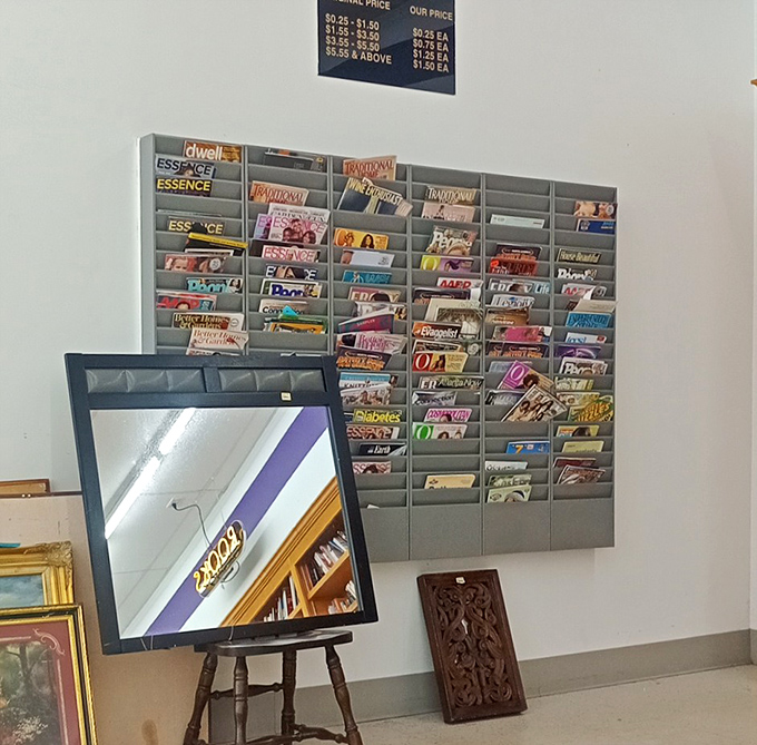 Magazine racks offer windows into bygone eras, where fashion advice from 2003 sits comfortably beside timeless recipes.