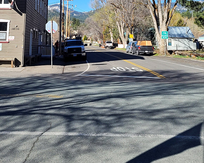 Main Street traffic jam: three cars and someone deciding where to eat lunch. Rush hour has a different definition in Alpine County.
