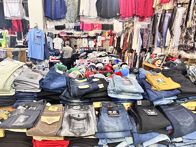 Denim mountain! This impressive display of jeans and casual wear proves that style doesn't need a runway price tag to make a statement.