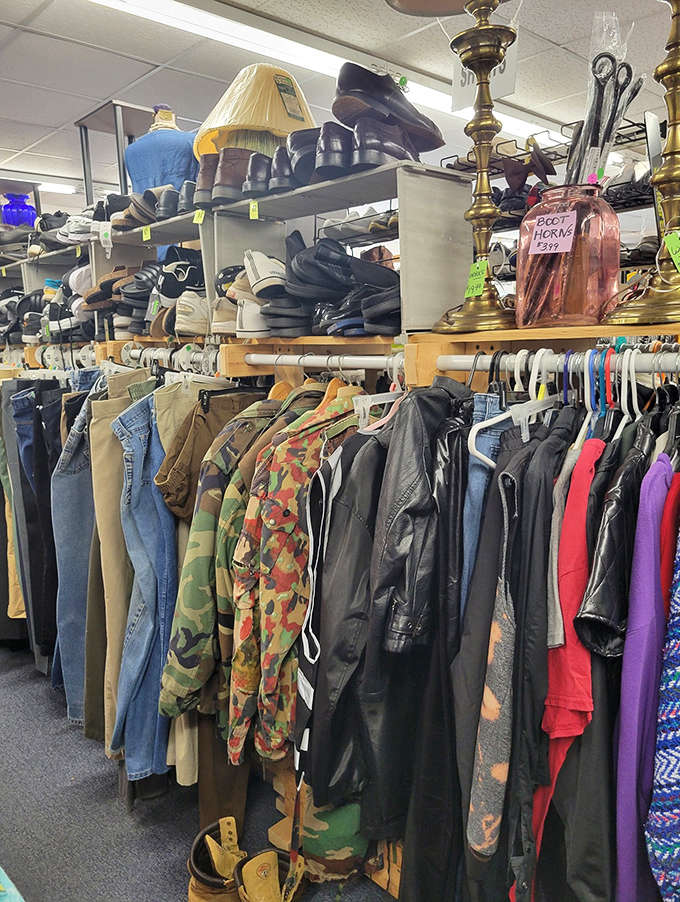 Fashion archaeology at its finest! Military camo mingles with leather jackets and denim, creating a menswear museum where everything's for sale.