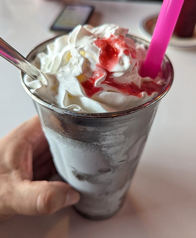 This isn't just a milkshake&mdash;it's dessert with a straw. Topped with whipped cream and strawberry sauce, it's worth every calorie and brain freeze.