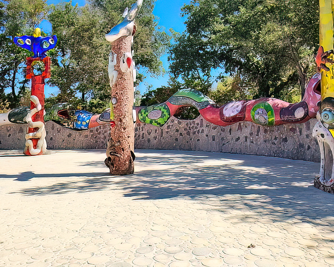 A congregation of color where mosaic totems stand like psychedelic sentinels, their watchful eyes following visitors through this outdoor dreamscape.