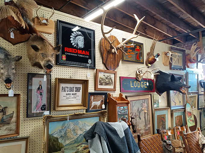 The "man cave" section features mounted trophies and vintage advertising that would make Ron Swanson nod approvingly while sipping his whiskey.