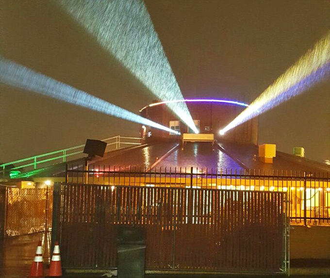 Movie magic begins here&mdash;projection beams slice through the night air, creating a light show worthy of a Pink Floyd concert.