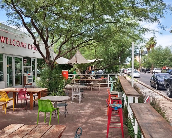 The outdoor patio&mdash;where desert trees provide dappled shade and colorful chairs invite you to linger long after your plate is clean.