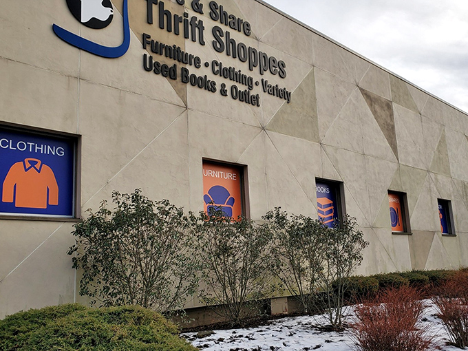 The exterior signage clearly marks each department, eliminating the usual thrift store treasure hunt. Though honestly, the hunt is half the fun.