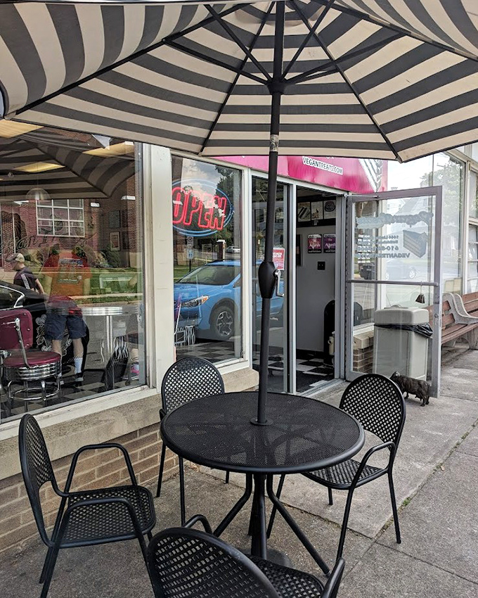 The outdoor seating area offers a moment to contemplate how something this delicious could possibly exist without a single animal product.