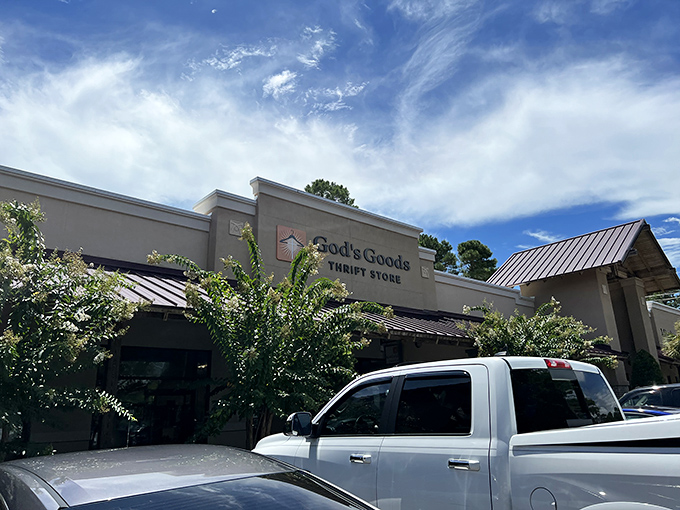 Blue skies and burgundy awnings&mdash;the perfect backdrop for a day of treasure hunting that might require an extra trip to the car.