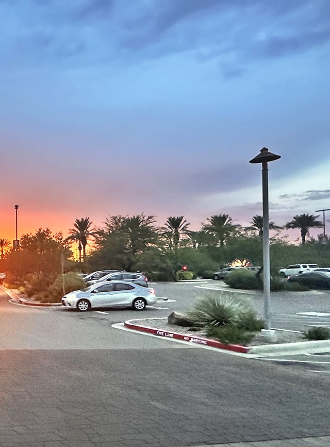 Even the parking lot sunset seems to celebrate another successful day of spectacular deal hunting.