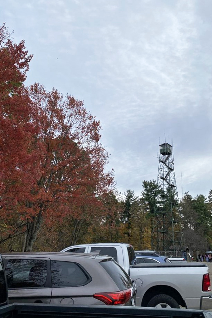 The fire tower stands sentinel over a sea of autumn colors, a steel ladder to heaven for those willing to climb for perspective.