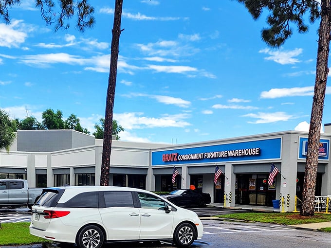 Under classic Florida blue skies, the storefront welcomes furniture enthusiasts like a theme park for adults who've outgrown roller coasters but not the thrill of discovery.