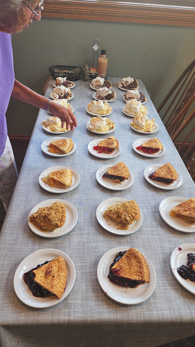 A dessert spread that turns decision-making into an Olympic sport. That hand reaching for pie knows exactly what winning tastes like.