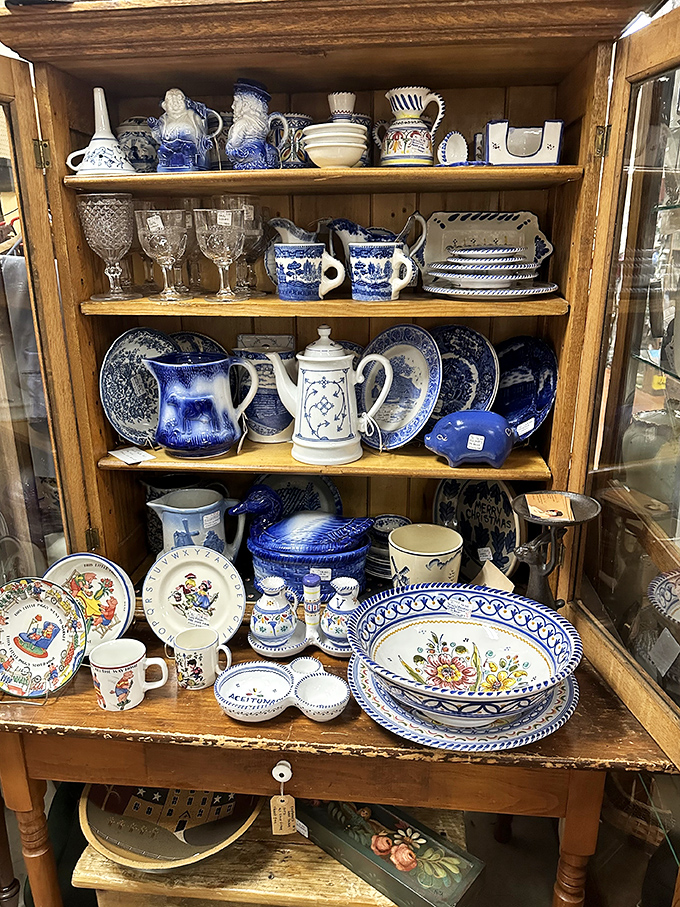 Blue and white pottery arranged with the care of a museum display. One piece would make your dining table instantly more interesting.