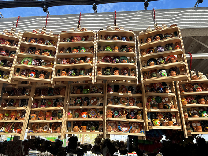 Ceramic storytellers line these shelves, each handcrafted pot waiting to become the conversation piece in someone's home. Practical art at bargain prices.