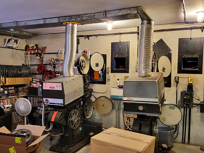 The projection room houses the beating heart of the Mahoning &ndash; vintage 35mm projectors still spinning celluloid dreams.