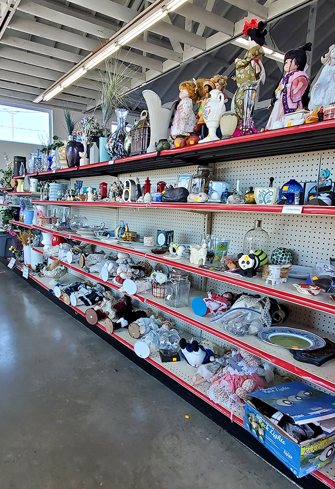 Shelves packed with decorative treasures, from porcelain figurines to vases&mdash;each item with its own story waiting to be continued.