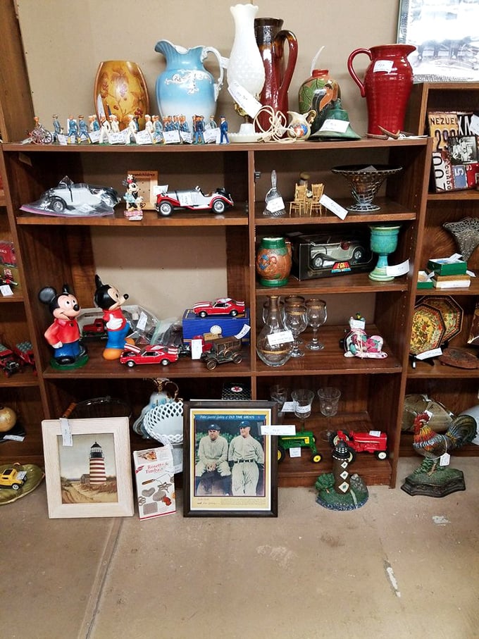 Curated randomness that would make Marie Kondo simultaneously faint and feel joy. Mickey meets memorabilia in this cabinet of nostalgic curiosities.