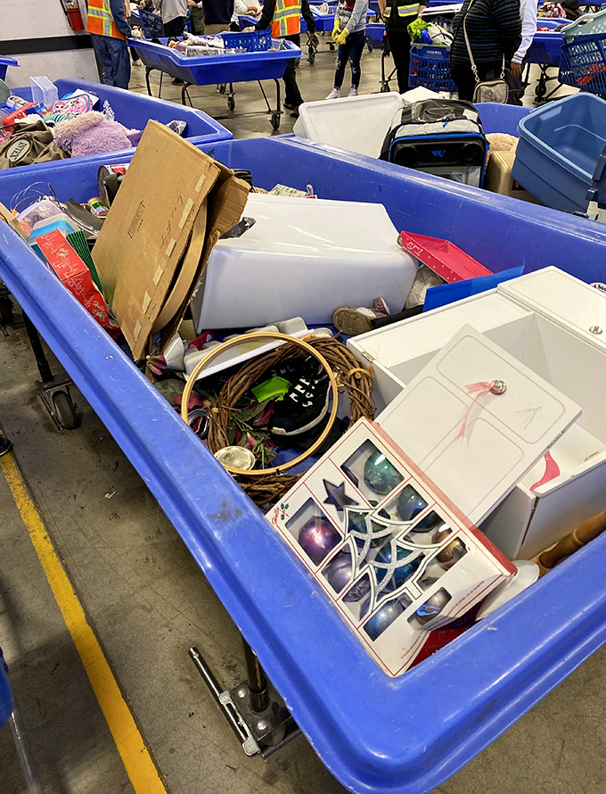 Organized chaos at its finest&mdash;holiday decorations mingle with kitchen gadgets in these blue bins of possibility. Dig deep, friends.