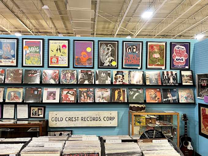 Album covers line the walls like a visual mixtape of American music history. Gold Crest Records' blue booth is where vinyl enthusiasts come to complete their sonic collections.