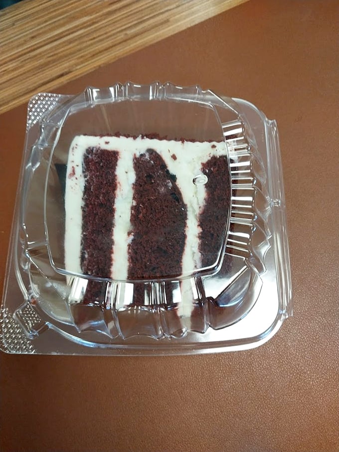 Red velvet cake in a to-go container: because sometimes the best part of dining out is having dessert later while wearing pajamas.