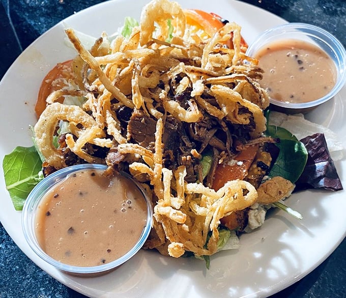 A salad that doesn't apologize for being at a BBQ joint – those crispy onions are the black tie formal wear of the fried food world.