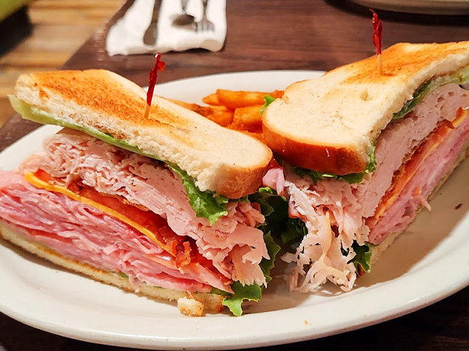 A sandwich so stuffed with deli meats it needs structural support from those toothpicks. The "I'm on vacation and calories don't count" special.