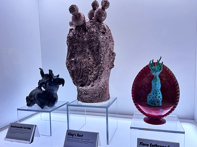 Strange artifacts from another world, displayed museum-style. The plaques explain everything, yet nothing at all.