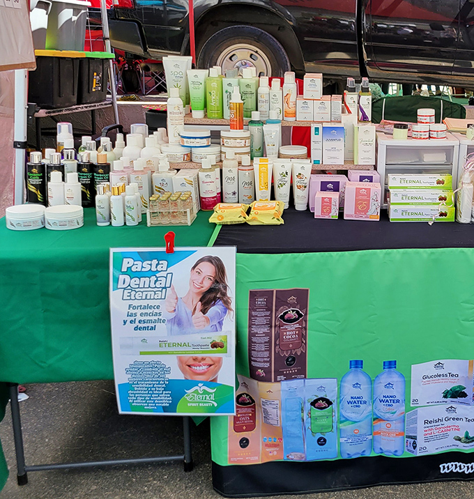 Beauty products arranged with the precision of a department store. Who needs Sephora when you've got swap meet skincare at a fraction of the price?