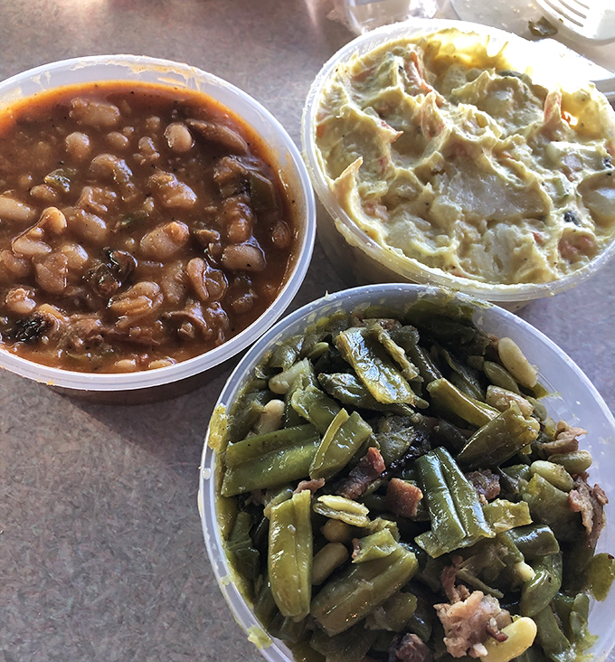 A holy trinity of sides: baked beans simmered to perfection, potato salad with attitude, and green beans that didn't skip flavor day.