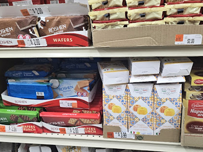 International snack diplomacy in action – Ukrainian Roshen wafers sharing shelf space with treats from around the globe.