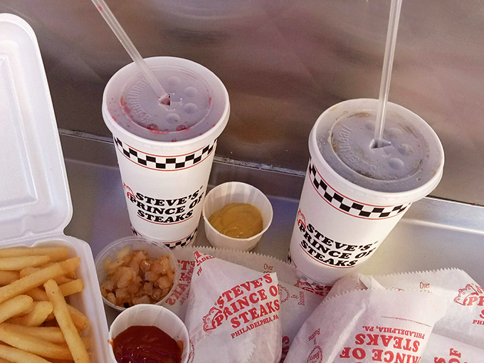 The full spread&mdash;where plastic cups of soda stand guard over a feast fit for Philly royalty.